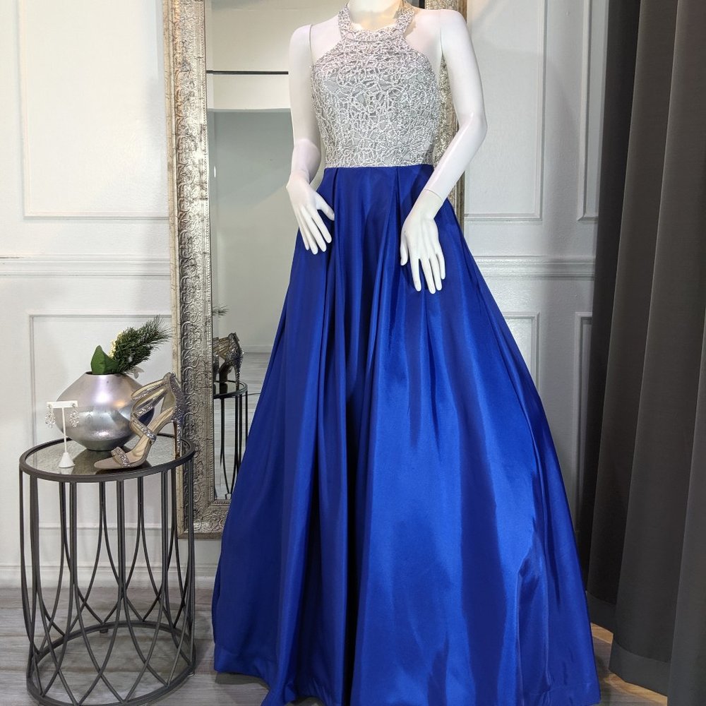 Silver And Royal Blue Formal Evening Prom Dress Gown - Gem